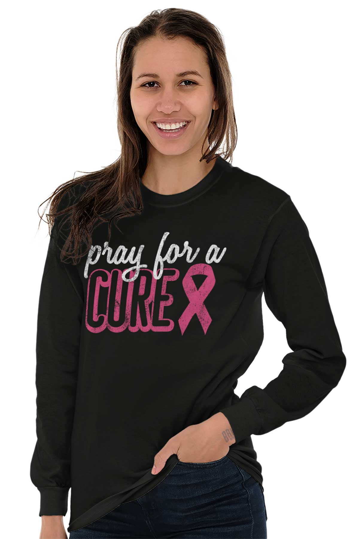 Pray For A Cure Breast Cancer Aware Women's Long Sleeve T Shirt Brisco Brands S - Walmart.com
