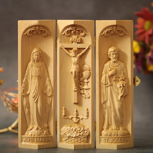 Prayer Altar Jesus Christ/Saint Joseph/Our Lady Catholic Triptych Wood Carving Icon Catholic ...