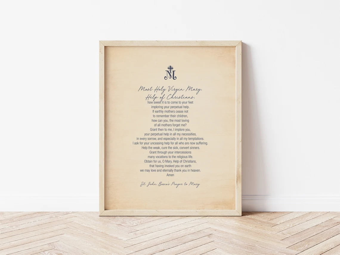 Prayer To Mary By St John Bosco Catholic Prayer Wall Art Christian ...