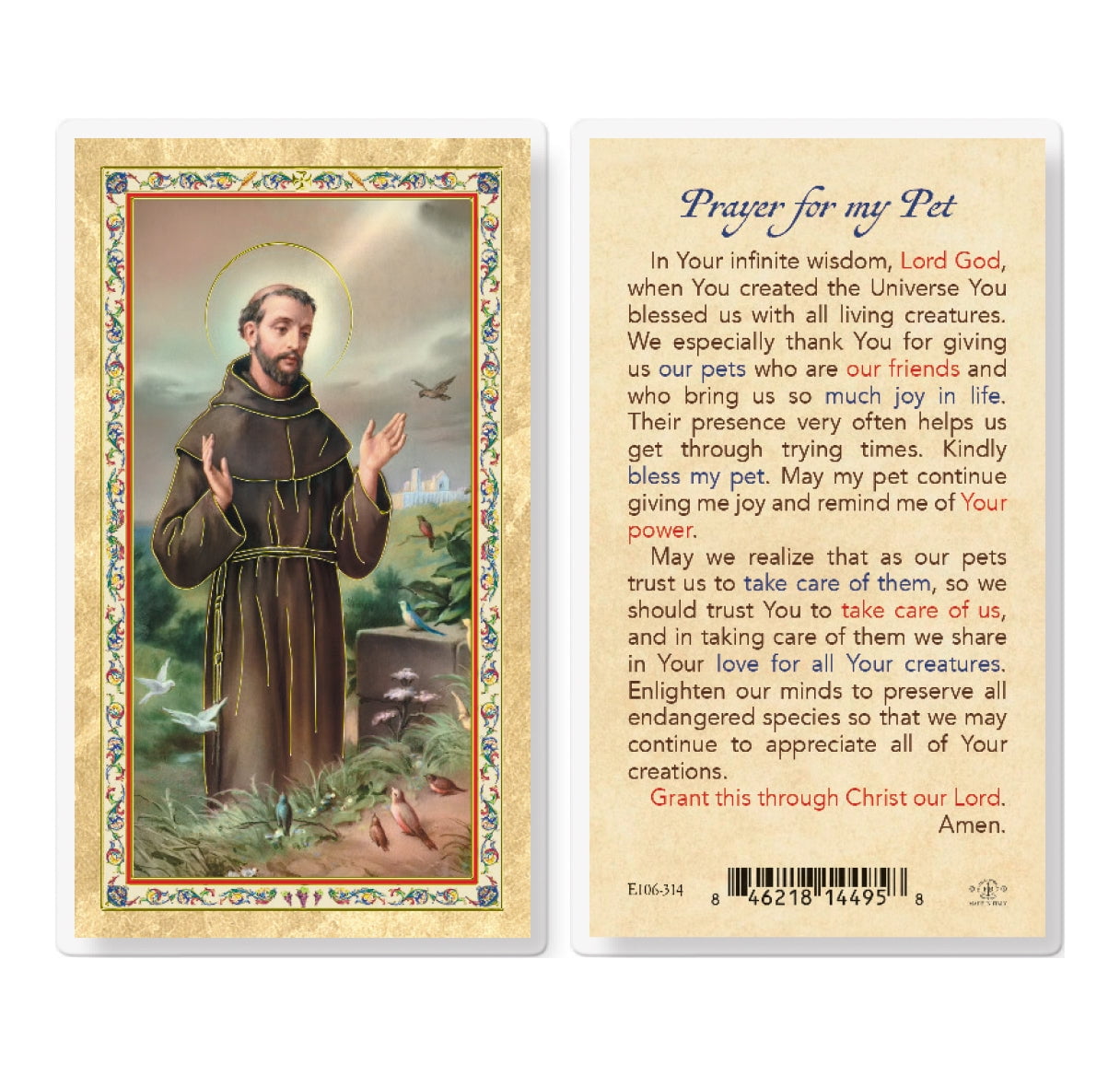Prayer for my Pet - St. Francis Gold-Stamped Laminated Catholic Prayer Holy Card with Prayer on ...