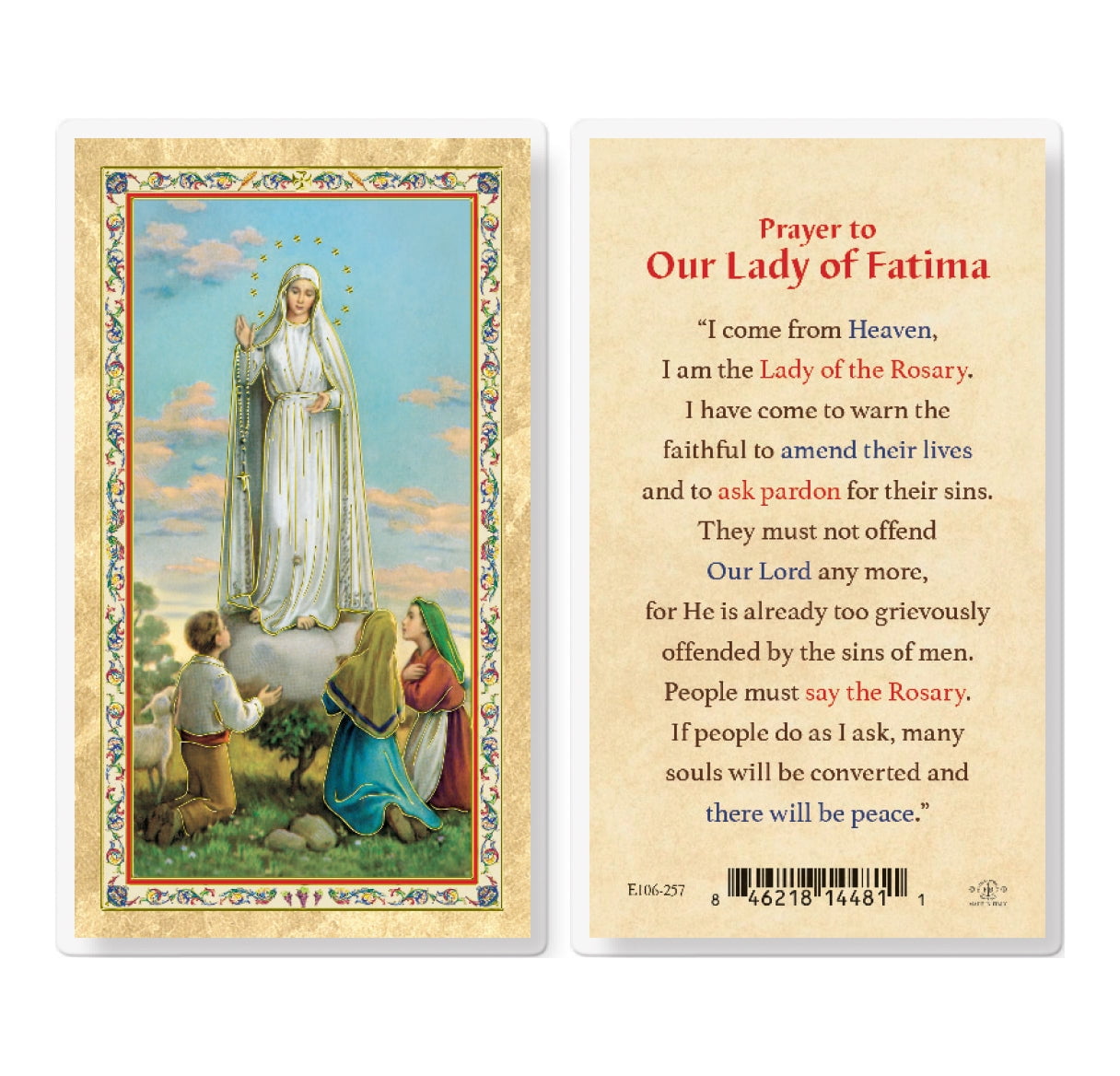 Prayer to Our Lady of Fatima Gold-Stamped Laminated Catholic Prayer ...