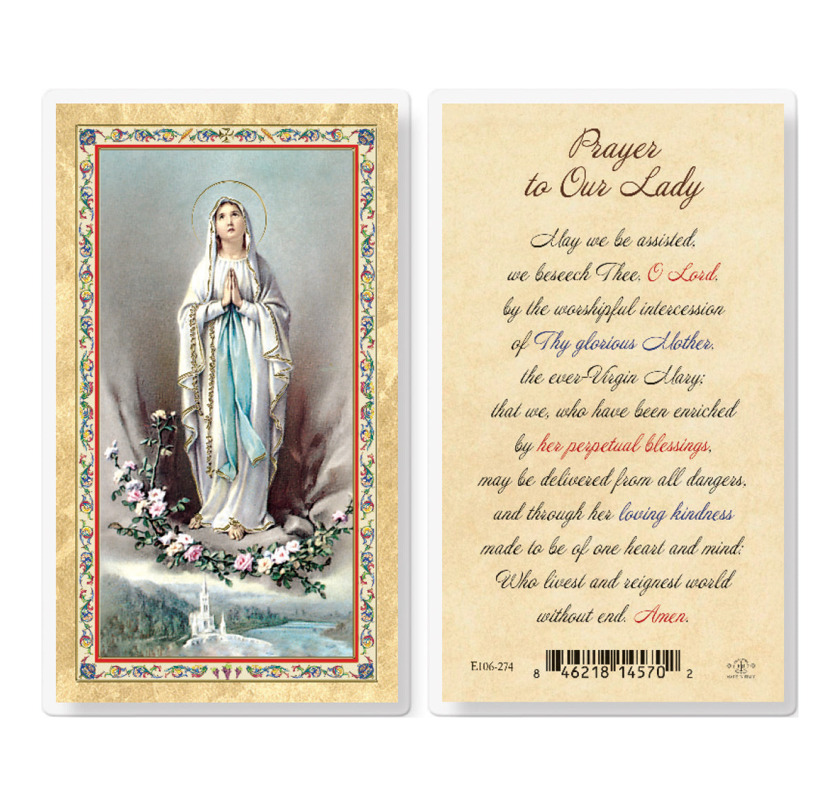 Prayer to Our Lady of Lourdes Gold-Stamped Laminated Catholic Prayer Holy Card with Prayer on ...