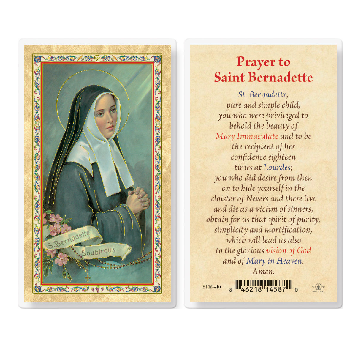 Prayer to St. Bernadette Gold-Stamped Laminated Catholic Prayer Holy Card with Prayer on Back ...