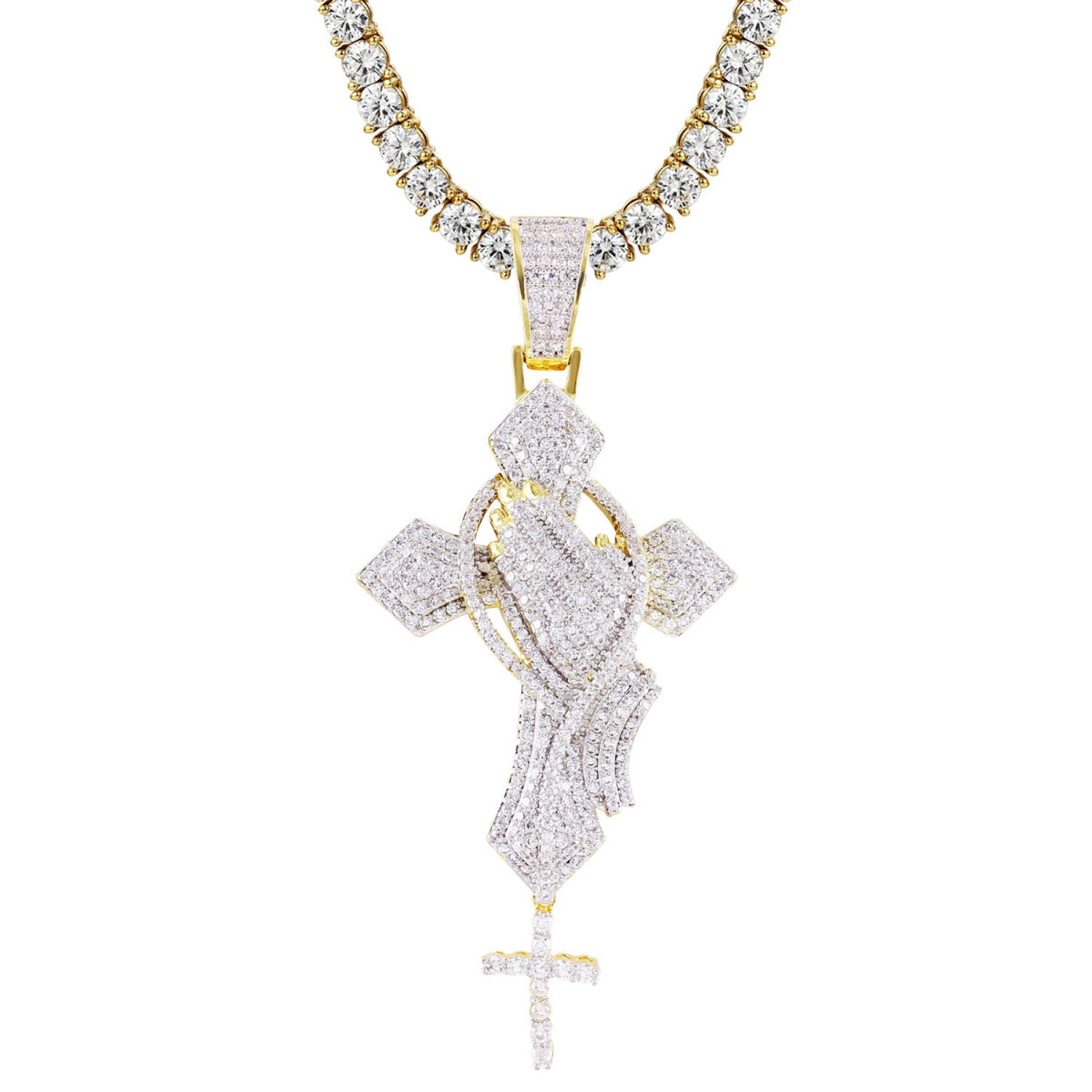 Praying Hand Rosary Holy Cross Religious Bling Pedant Necklace ...