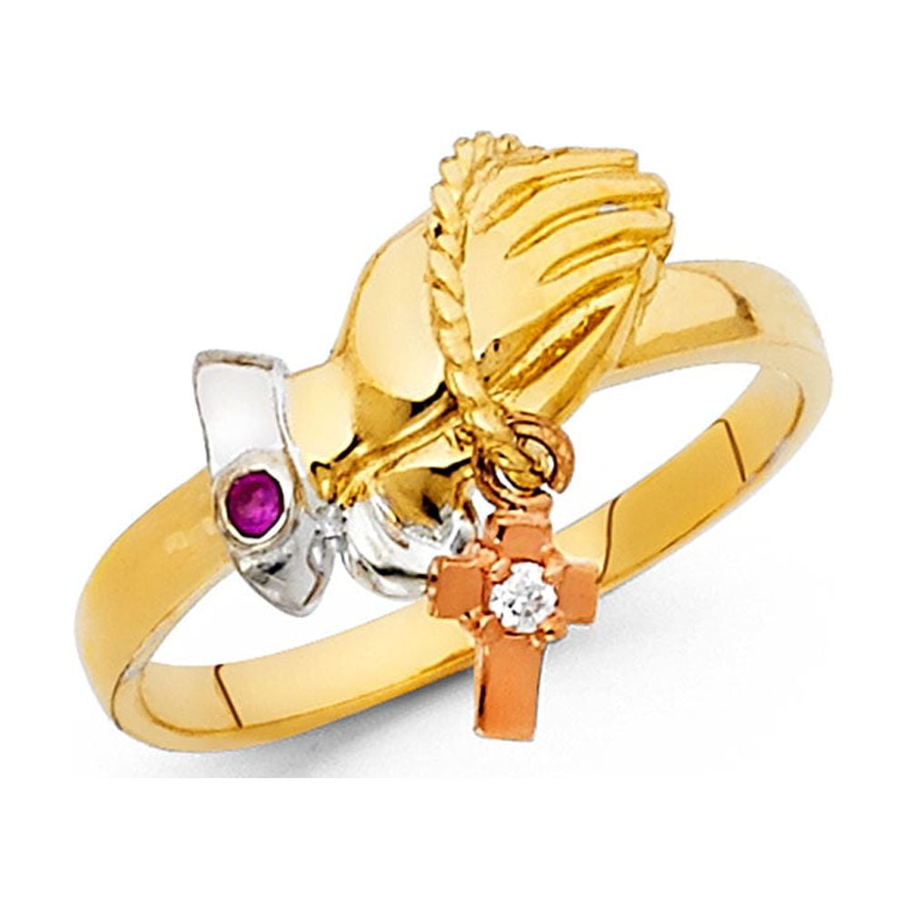 Praying Hands Cross Charm Ring Solid 14k Yellow White Rose Gold CZ ...