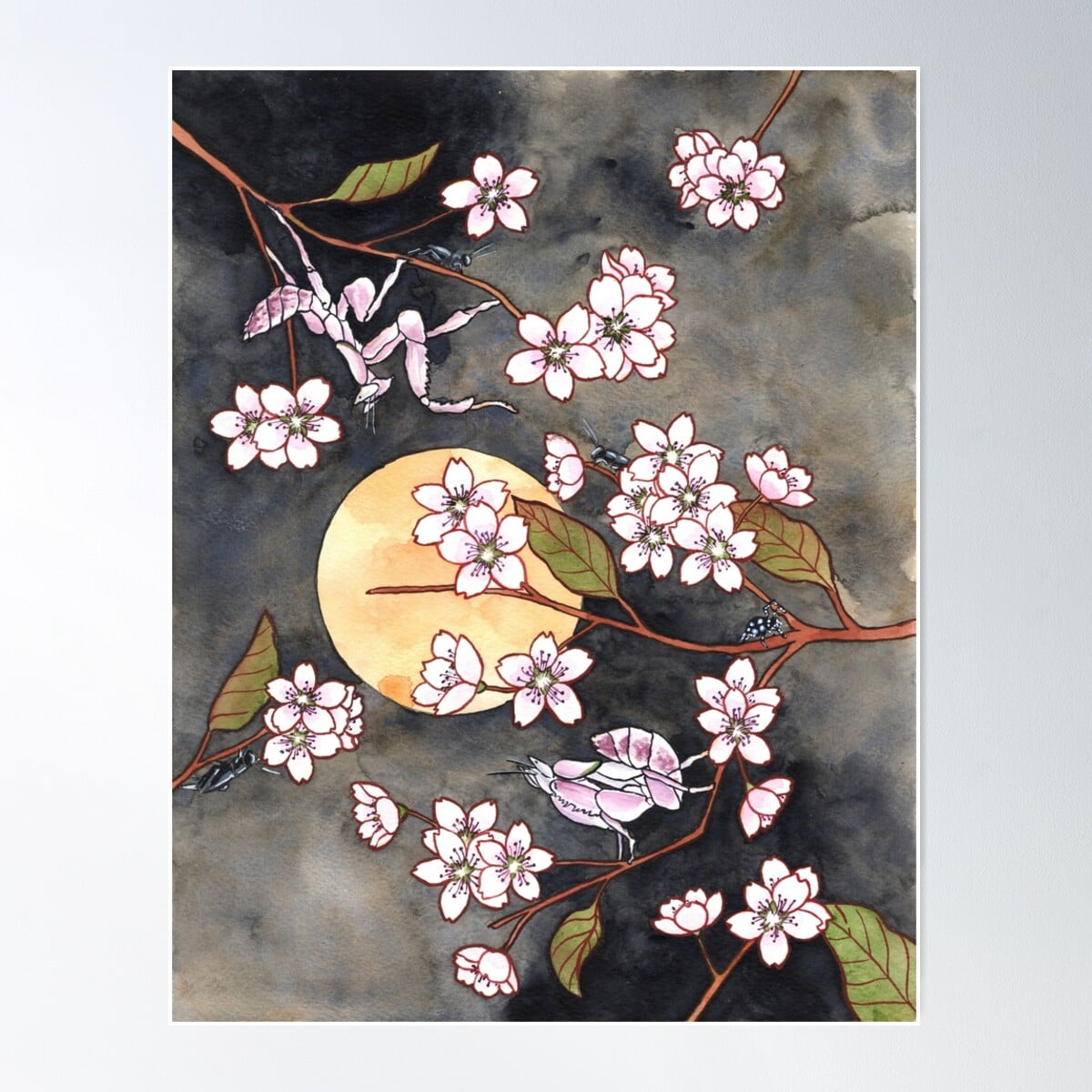 Praying Mantis And Cherry Blossoms Poster Wall Art, Modern Wall Decor ...
