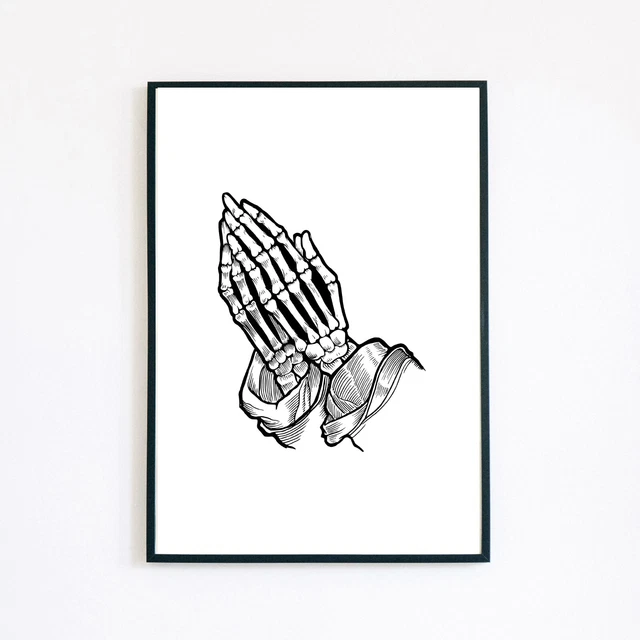 Praying Skeleton Hand Gothic Illustration Tattoo Design A4 Wall Decor ...