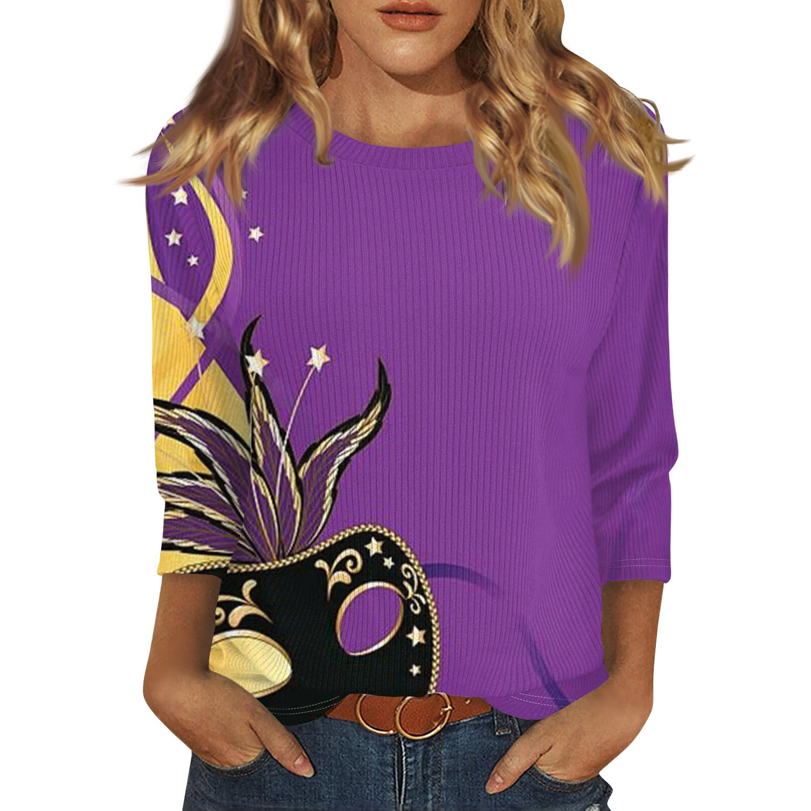 Prdecexlu 2025 Mardi Gras Shirts for Women Mask Graphic Funny Tops 3/4 ...