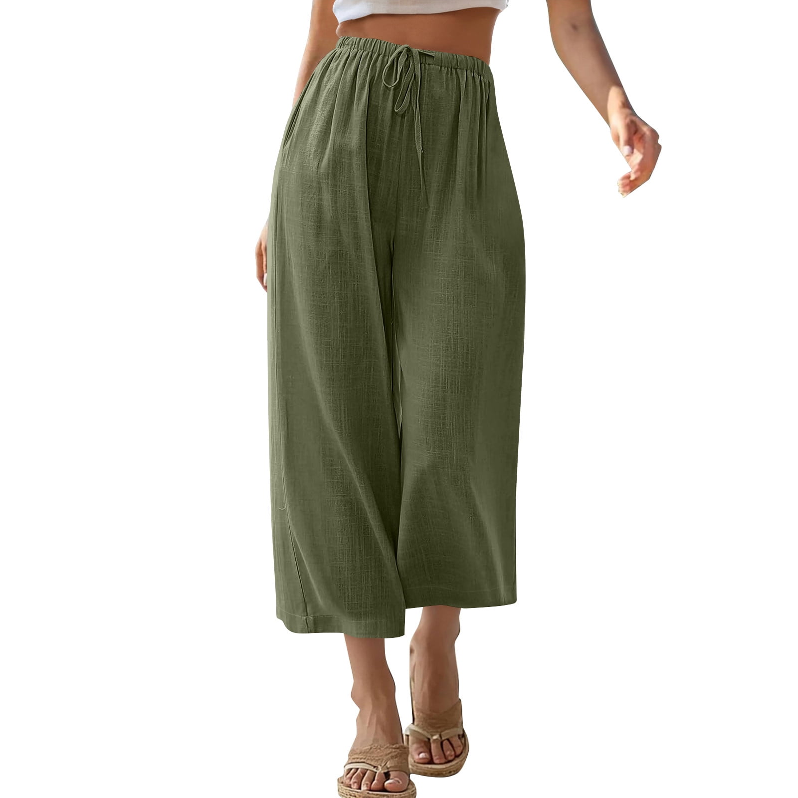 Prdecexlu Cropped Linen Pants Women Wide Leg Baggy Elastic Waist Summer ...