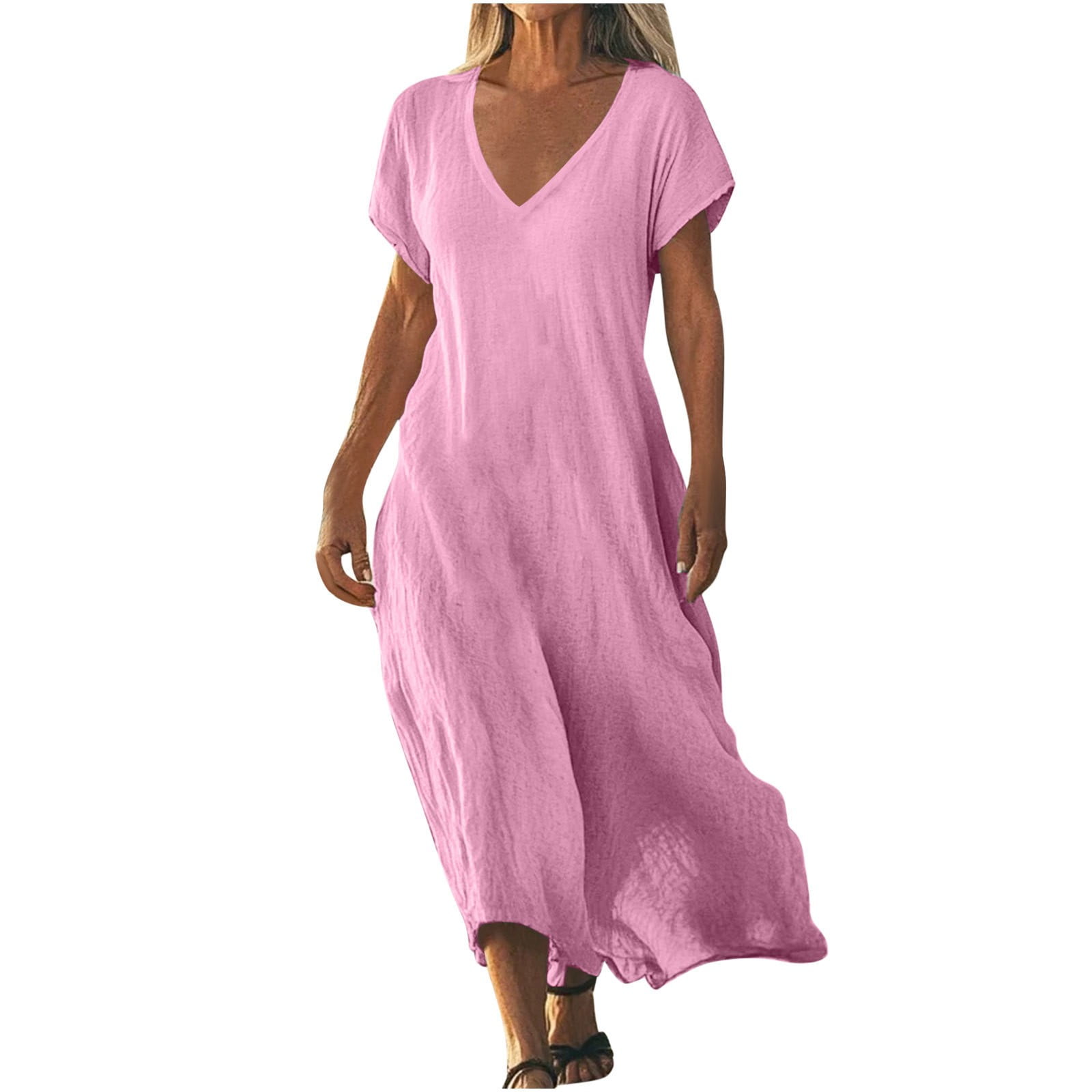 Prdecexlu Linen Dresses for Women 2025 Casual Flowy V Neck Short Sleeve ...