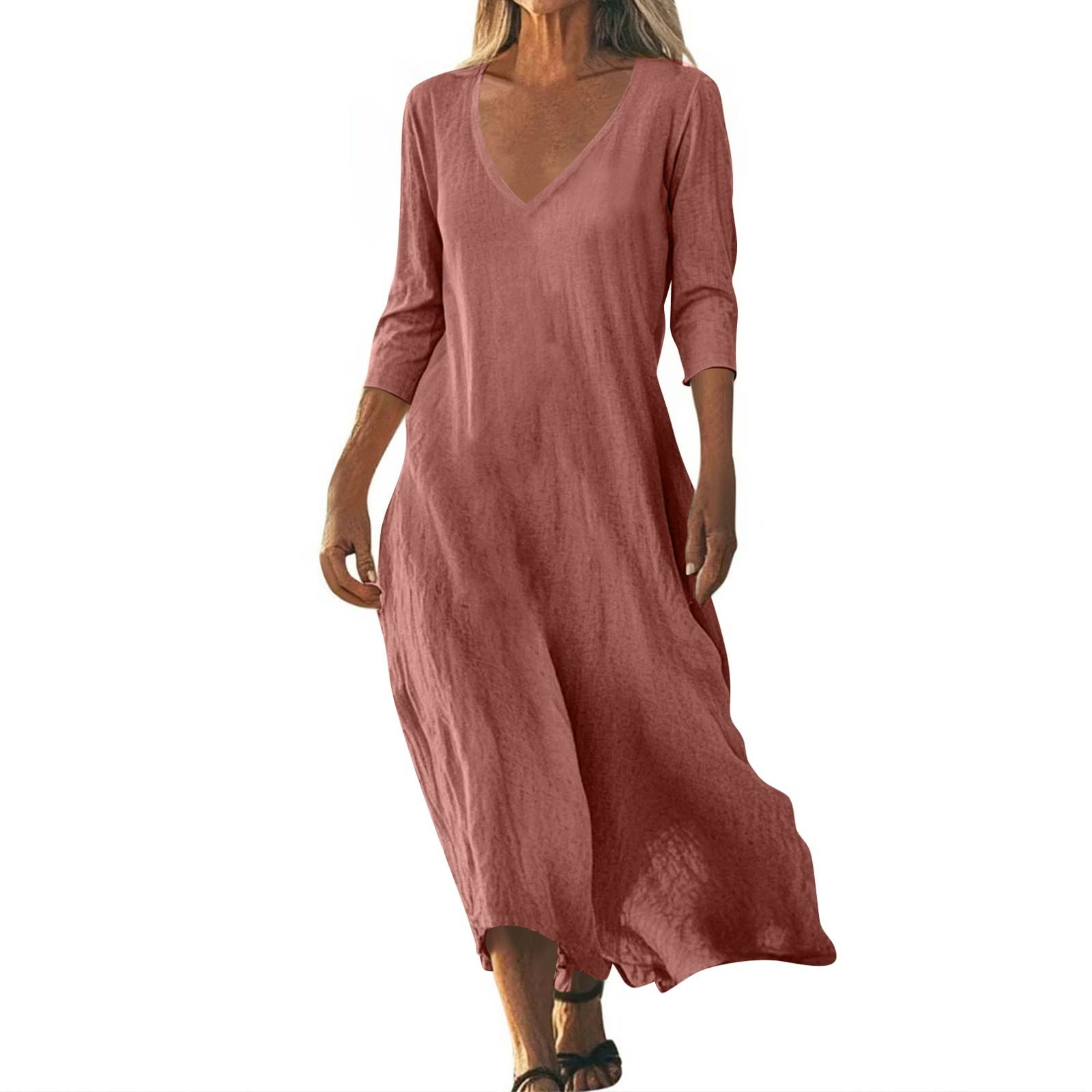 Prdecexlu Linen Dresses for Women 2025 Casual Flowy V Neck Short Sleeve ...