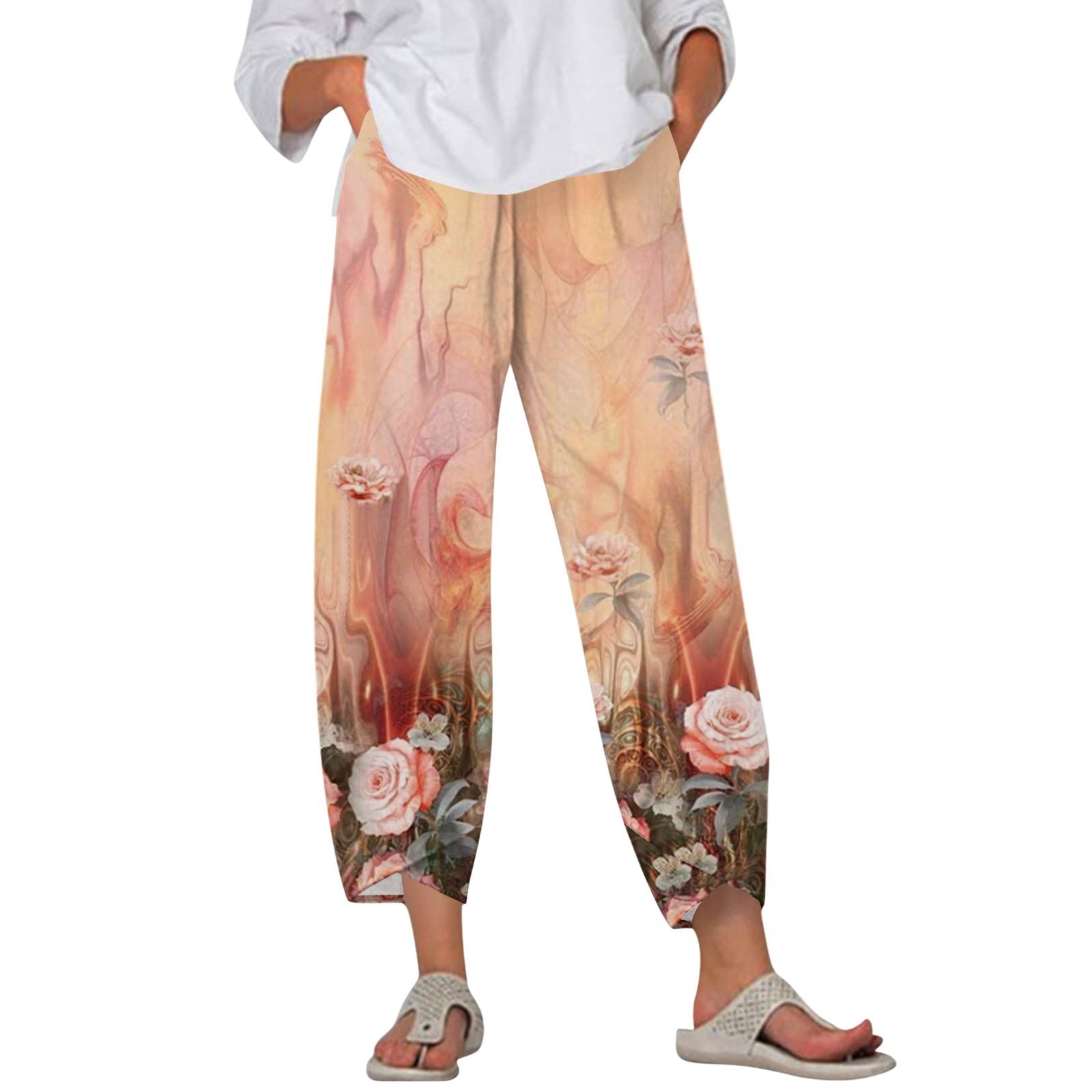 Prdecexlu Linen Pants Women Petite Boho Floral Print Summer Casual ...