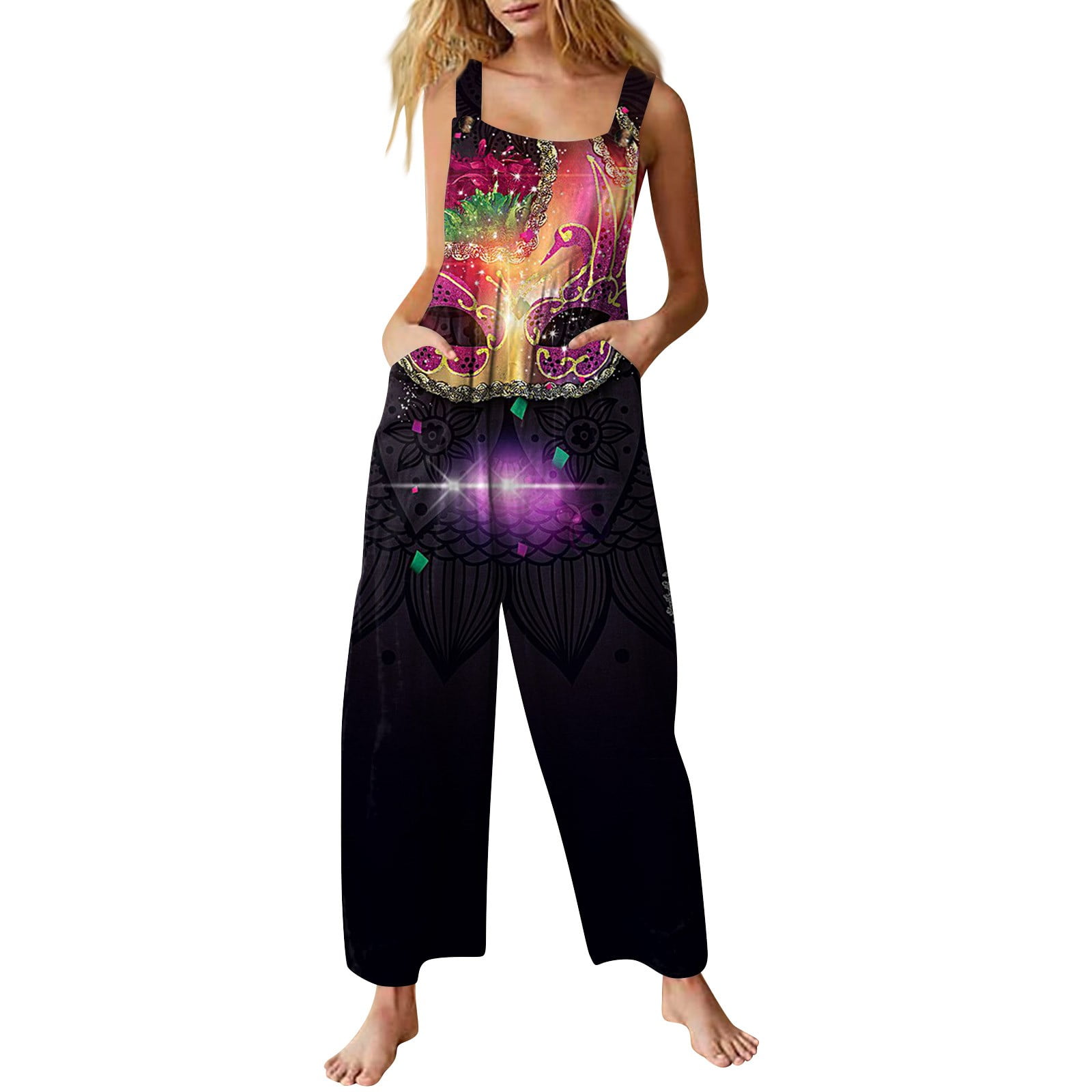 Prdecexlu Mardi Gras Overalls Women Mask Graphic Adjustable Straps ...