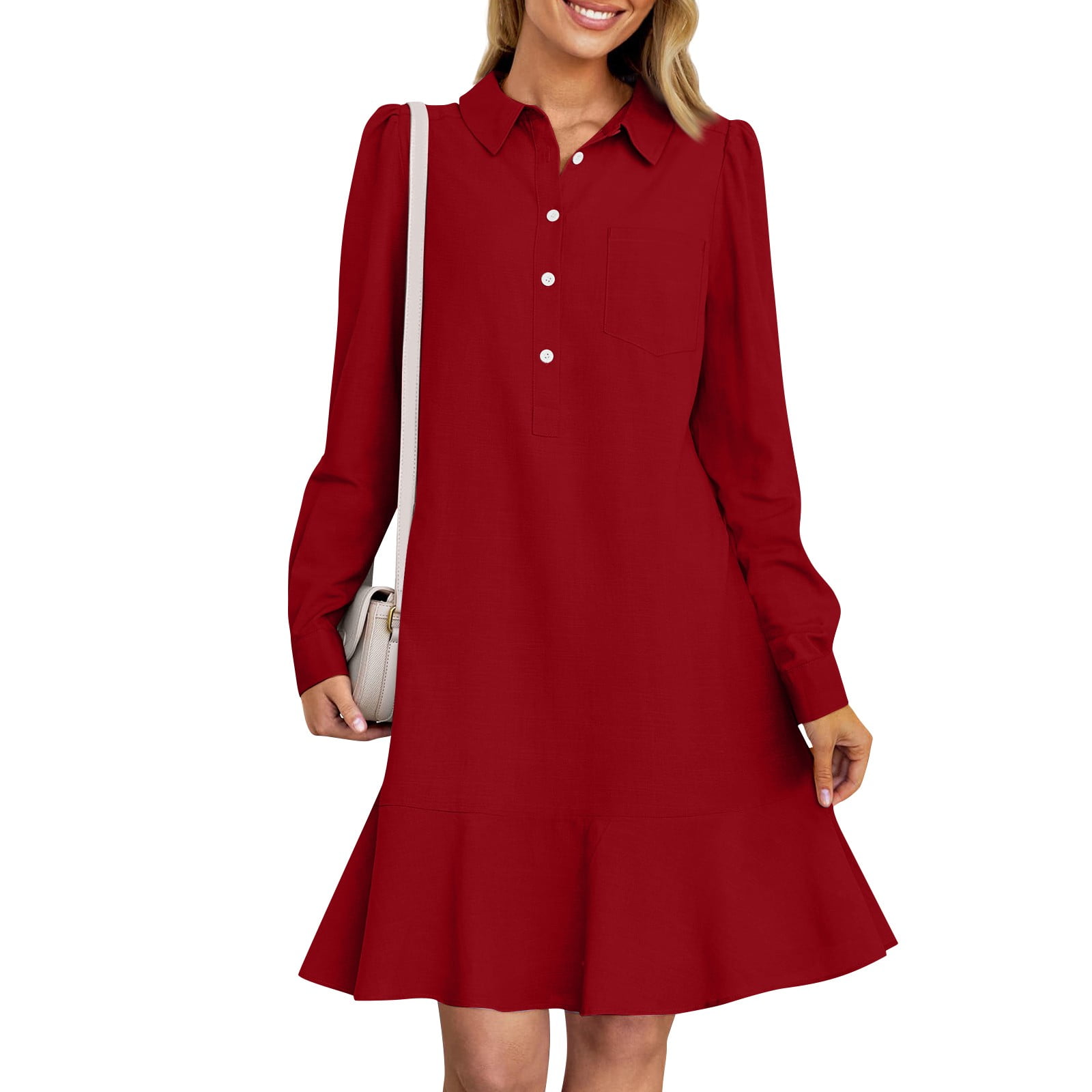 Prdecexlu Shirt Dress Solid Color Casual Long Sleeve Button Up Mini Dresses Lapel Collar Ruffle ...
