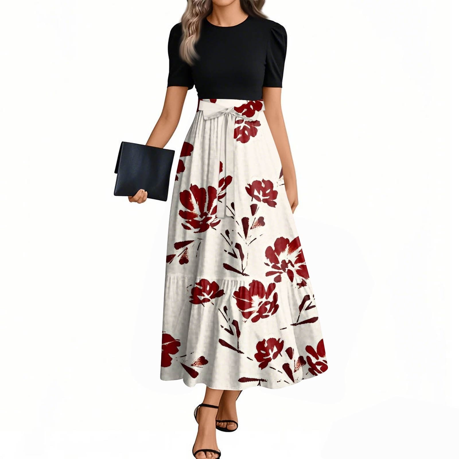 Prdecexlu Spring Dresses for Women 2025 Short Sleeve Elegant High Waist Summer Dresses Vintage ...