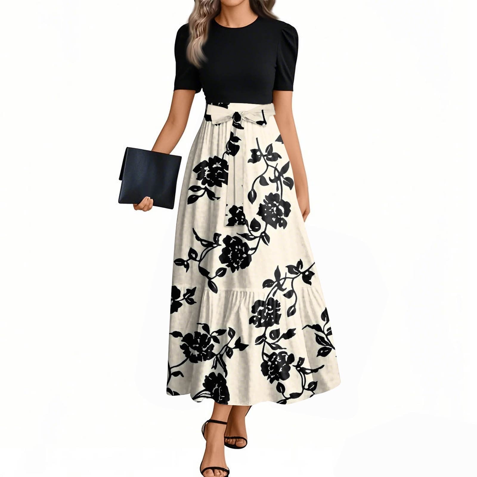 Prdecexlu Spring Dresses for Women 2025 Vintage Floral Casual Short Sleeve Maxi Dress High Waist ...