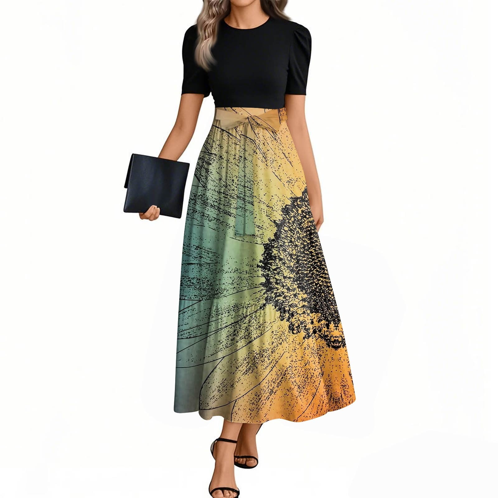 Prdecexlu Spring Dresses for Women 2025 Vintage Floral Loose High Waist Maxi Dress Short Sleeve ...