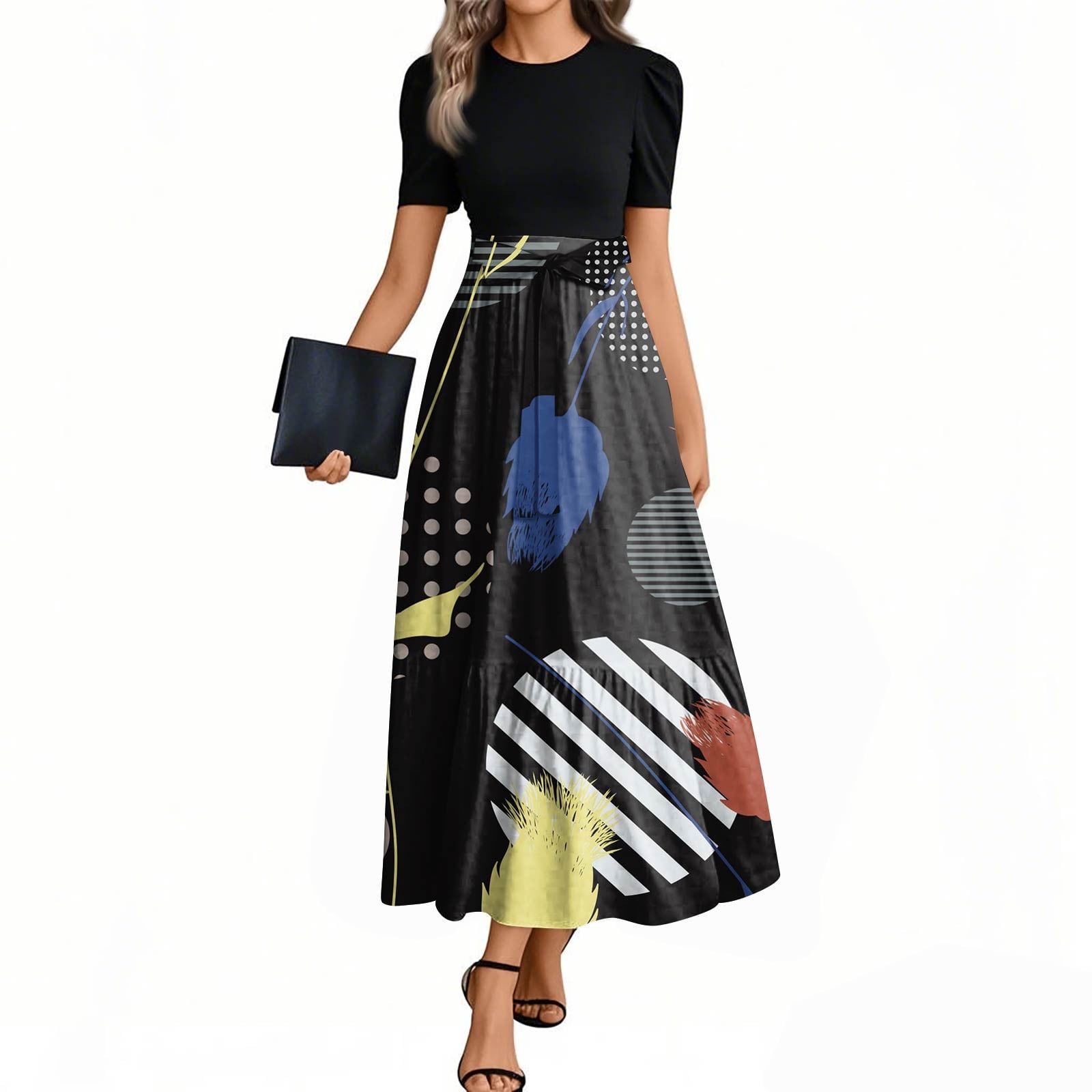 Prdecexlu Spring Dresses for Women Striped Splicing Short Sleeve Maxi ...