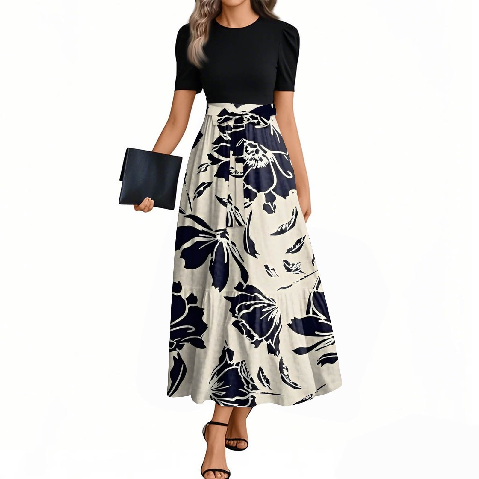 Prdecexlu Spring Dresses for Women Vintage Floral Casual Short Sleeve Maxi Dress High Waist ...