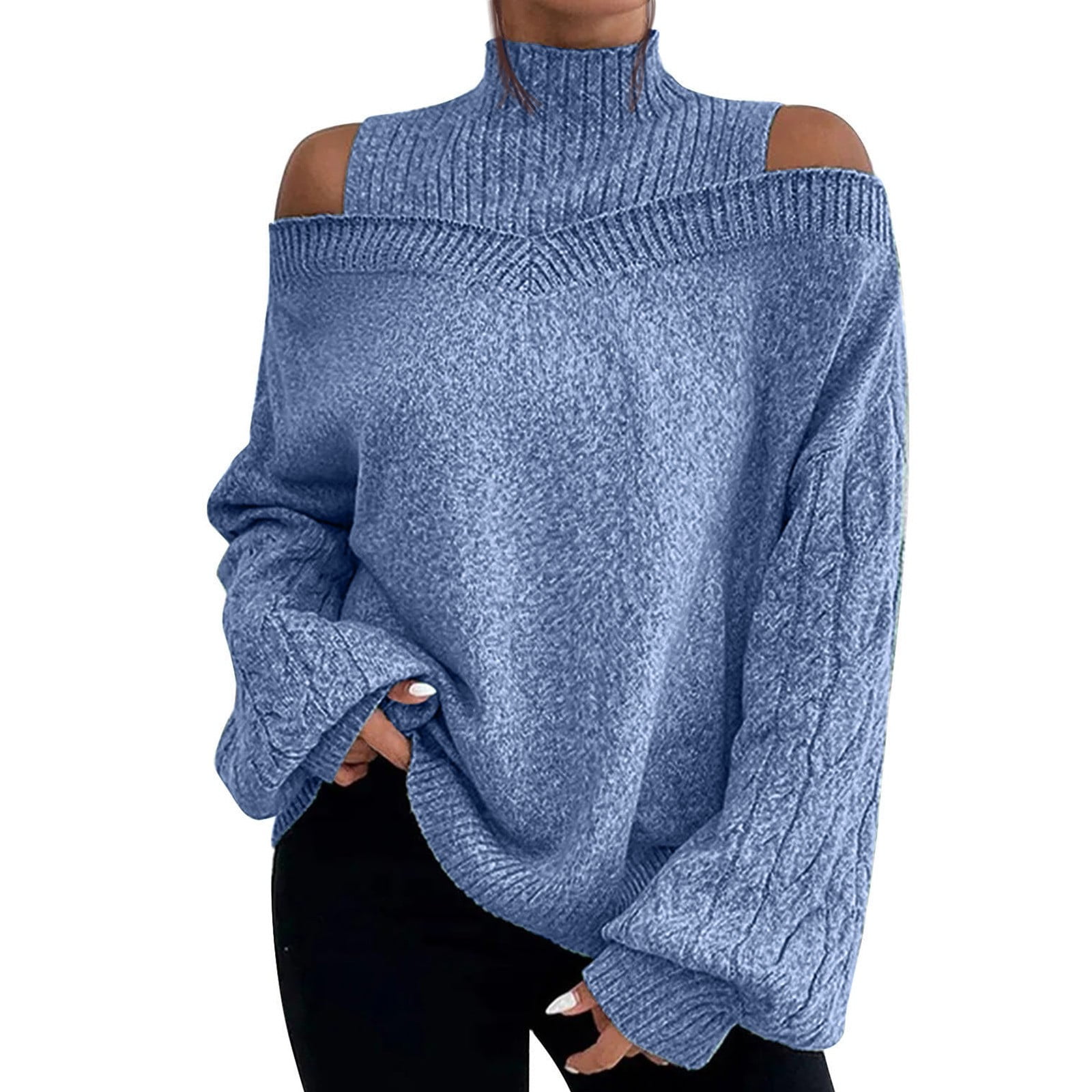 Prdecexlu Turtleneck Sweater for Womens Cold Shoulder Lantern Sleeve ...