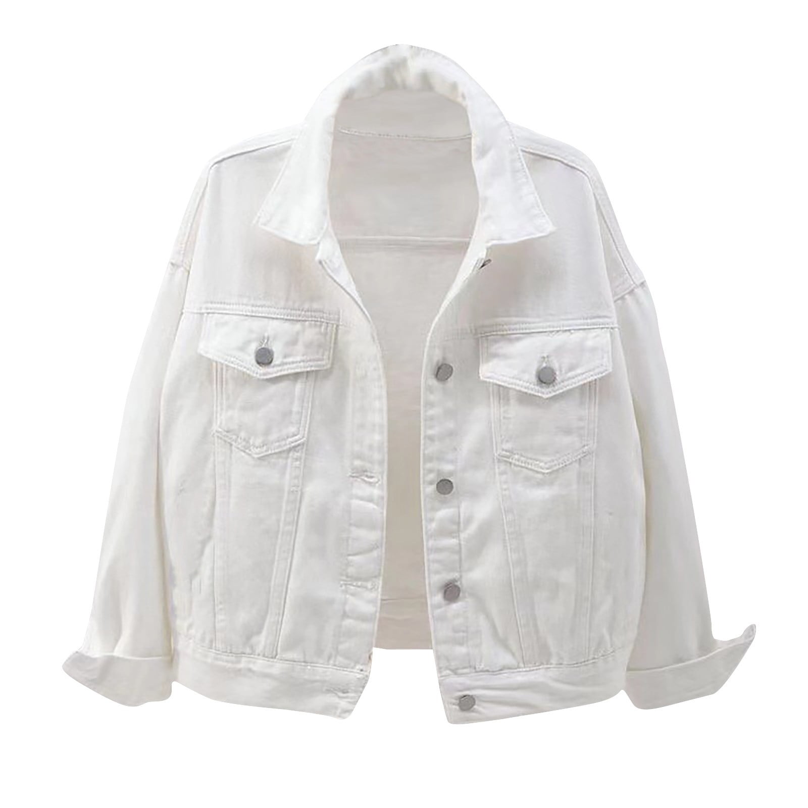 Prdecexlu Women Jean Jacket Solid Color Loose Button Down Fashion Cropped Denim Jacket Long ...