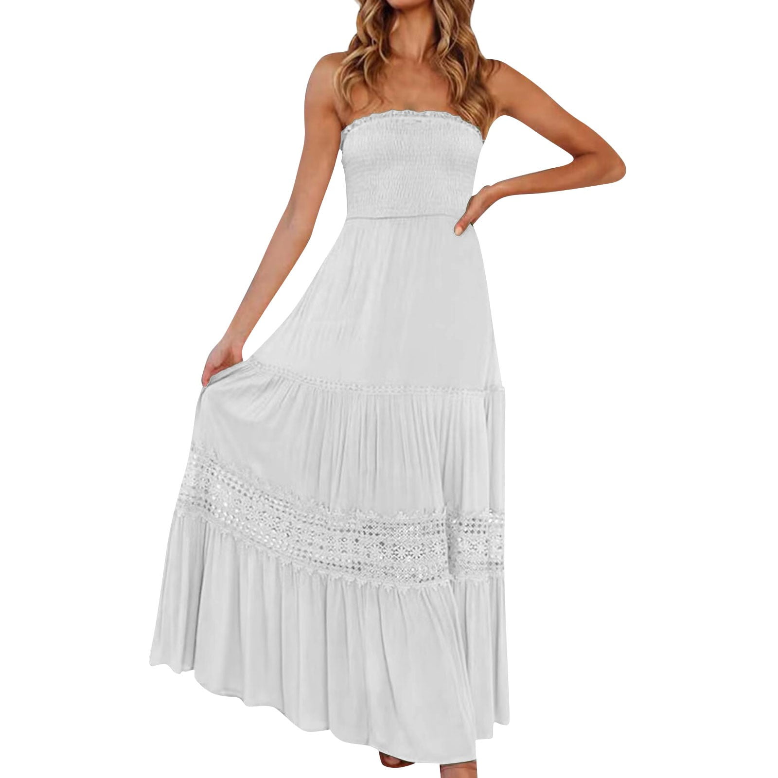 Prdecexlu Women Tube Dresses Strapless Off Shoulder Party Lace Trim ...