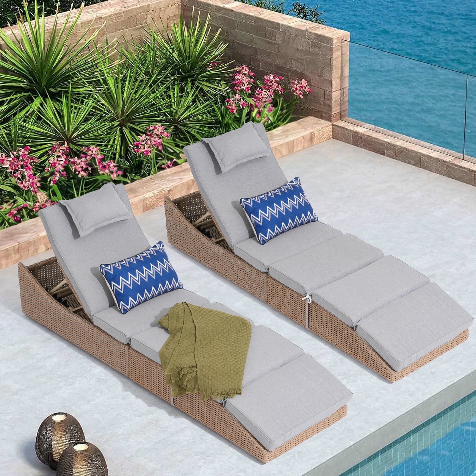 Pre-Assembled Outdoor PE Wicker Chaise Lounge, Waterprrof Patio Folding ...