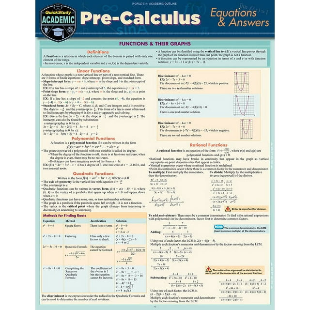 Pre-Calculus Equations & Answers : a QuickStudy Laminated Reference ...