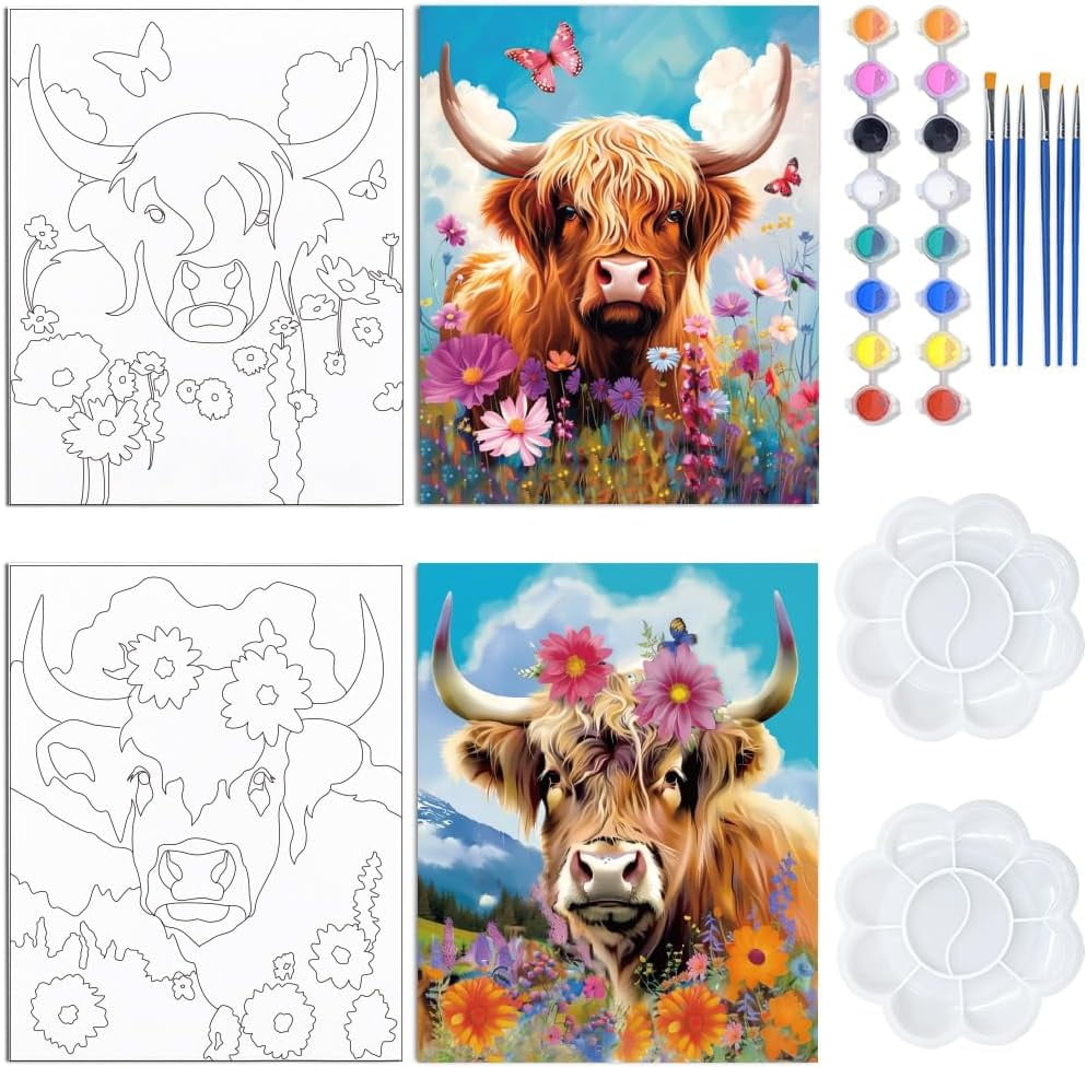 Pre Drawn Canvas Pre Printed Canvases Highland Cow Pattern Painting ...