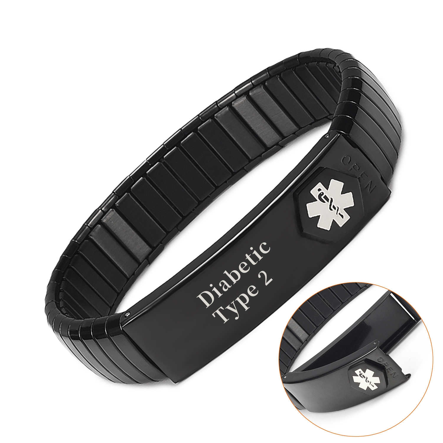 Pre Engraved Black Medical Alert Bracelets for Men, Diabetic Type 2 ...
