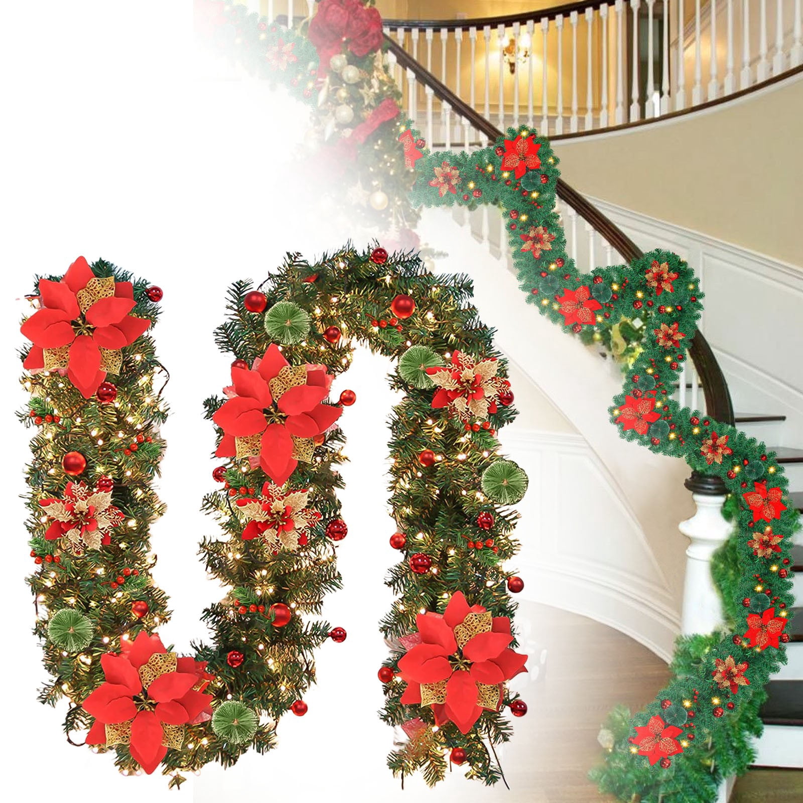 Pre Lit Artificial Christmas Garland with Red Flowers Berry Clusters ...