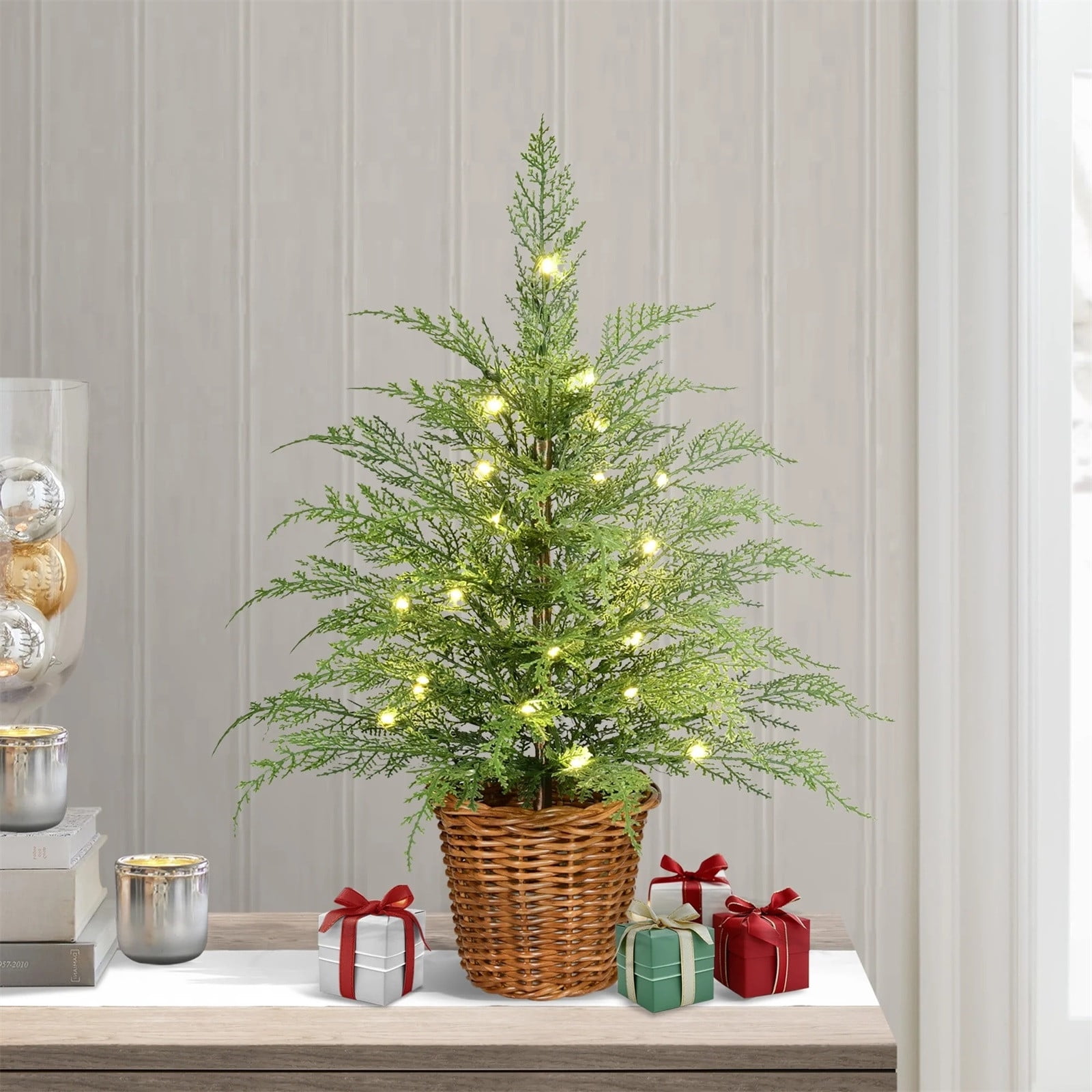 Pre-Lit Artificial Christmas Tree, 18-Inch Tabletop Tree with Warm ...