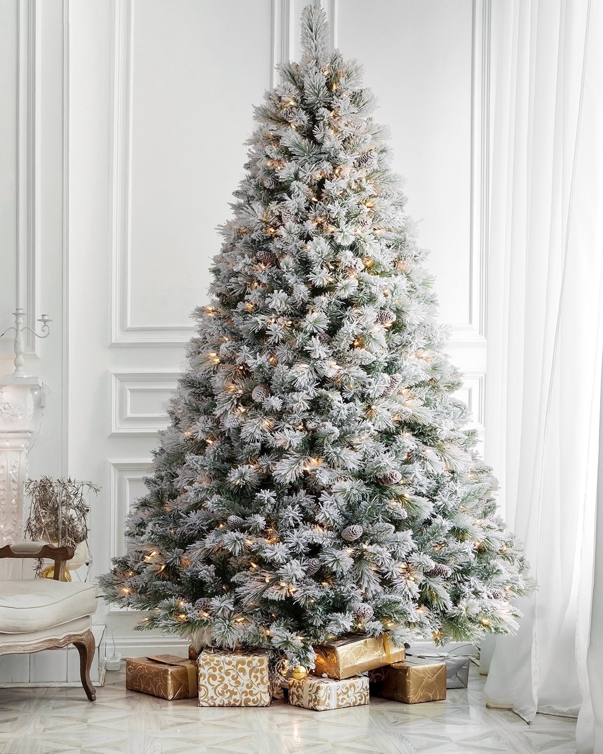 AMERZEST 9ft Real Xmas Tree, Snow Flocked, Extra Full Artificial Spruce ...