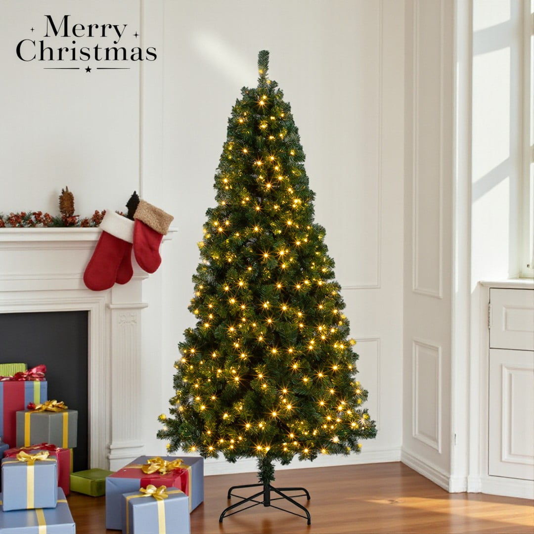 Pre-Lit Christmas Tree with 150 LED Lights, 6FT Artificial Xmas Tree ...