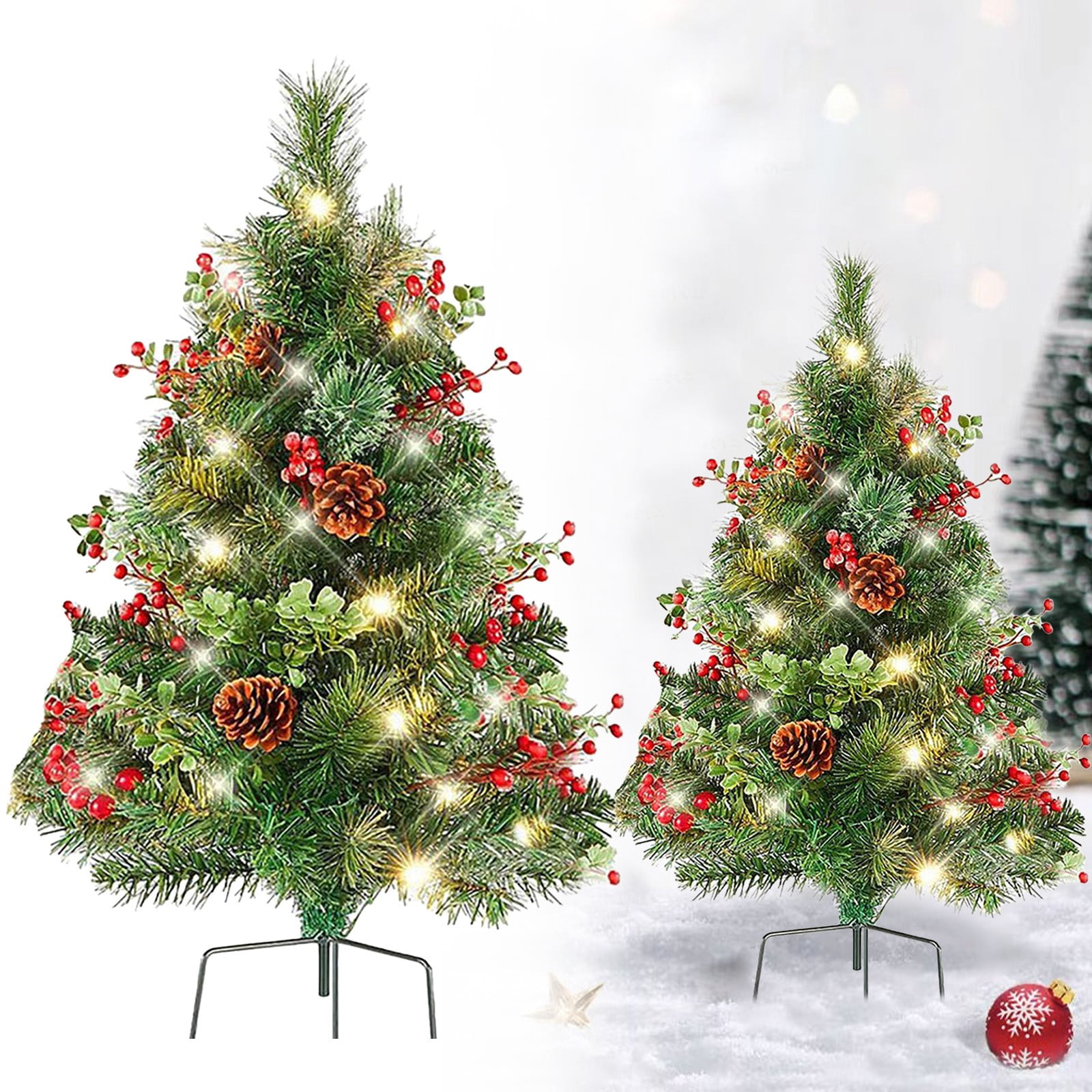 Pre-Lit Christmas Trees with Stake, 2.5FT H 60 LED Lighted Small Xmas ...