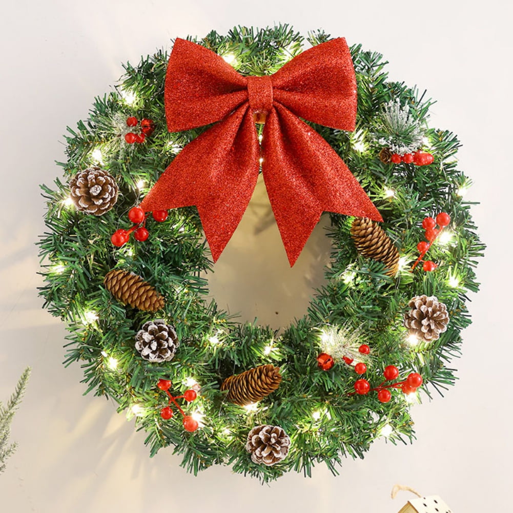 Pre-Lit Christmas Wreath with Pinecones Red Berries, Red Bowknot Lighted Christmas Wreath with ...