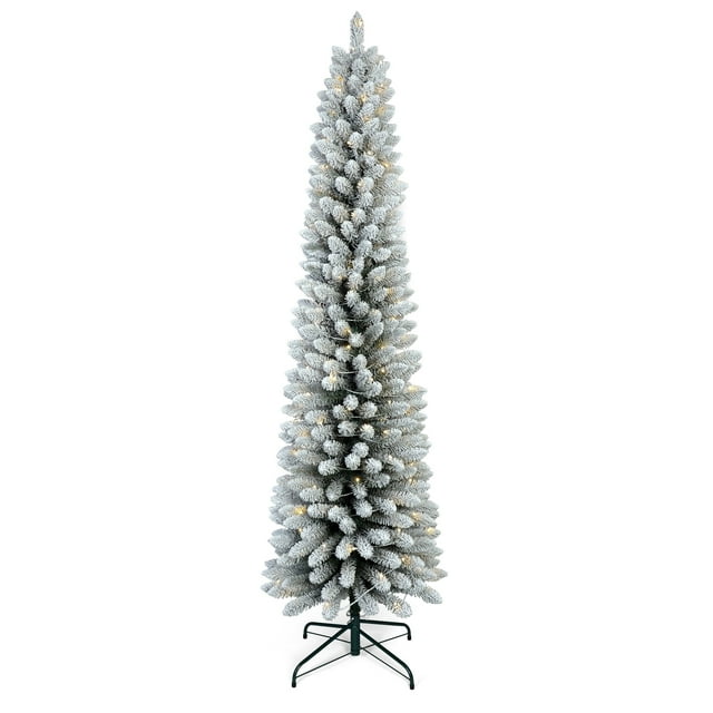 Pre-Lit Flocked Pencil Christmas Tree 9FT, Bringstar Artificial Slim Xmas Trees, 350 LED Warm ...