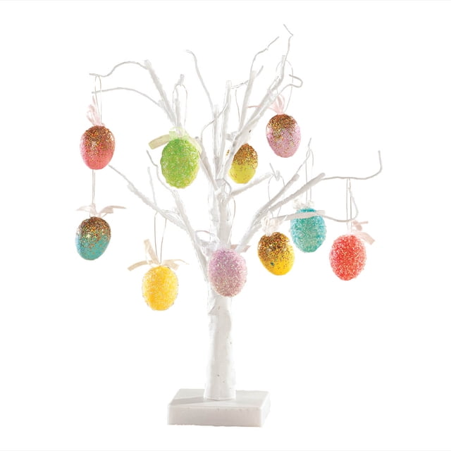 Pre-Lit LED 18” White Wire Tree with Set of 10 Hanging Easter Egg ...