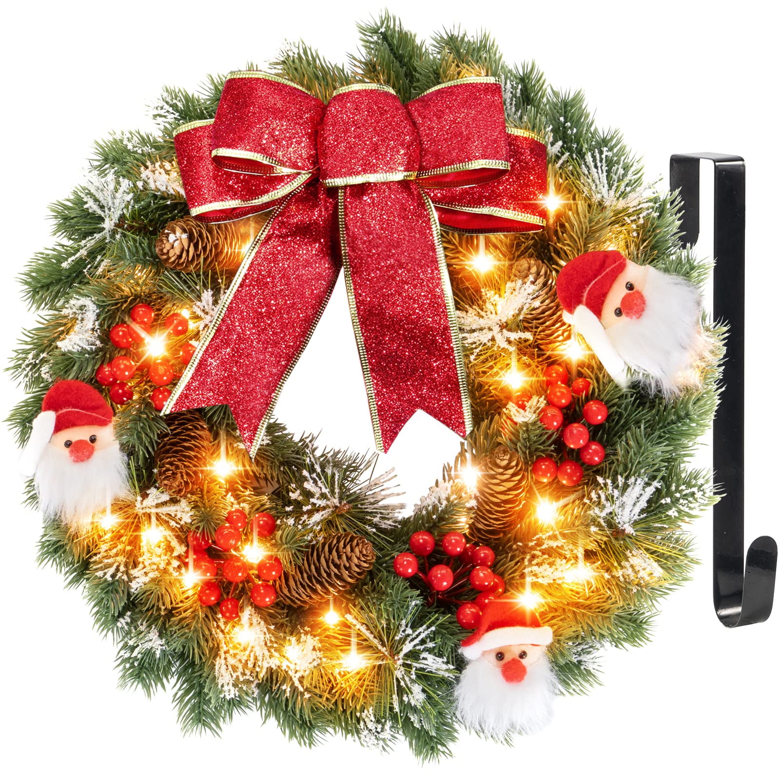 Pre-Lit Lighted Christmas Wreath with Hanger & Timer - 17’’ Christmas ...
