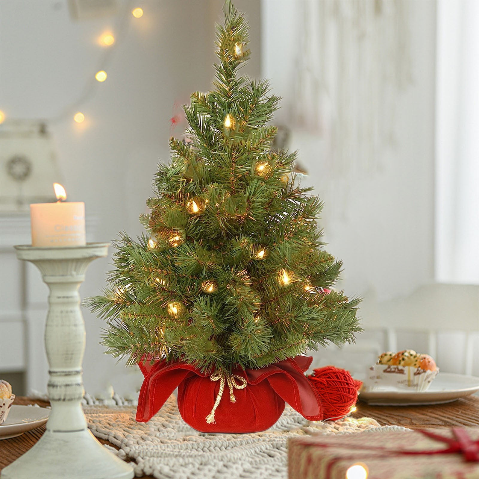 Pre-Lit Tabletop Christmas Tree,Small Artificial Fir Tree With Warm ...