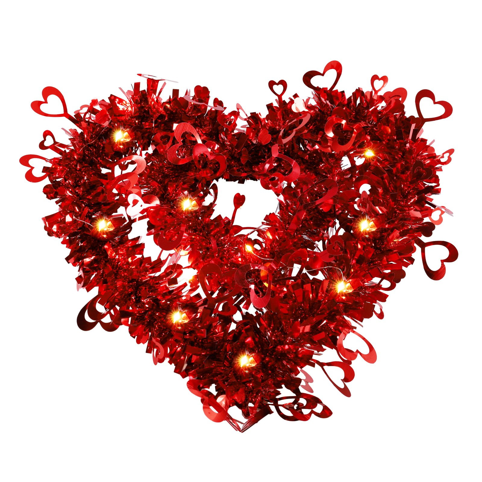 Pre-Lit Valentine Heart Shaped Wreaths, Red Tinsel Heart Shaped Wreaths ...