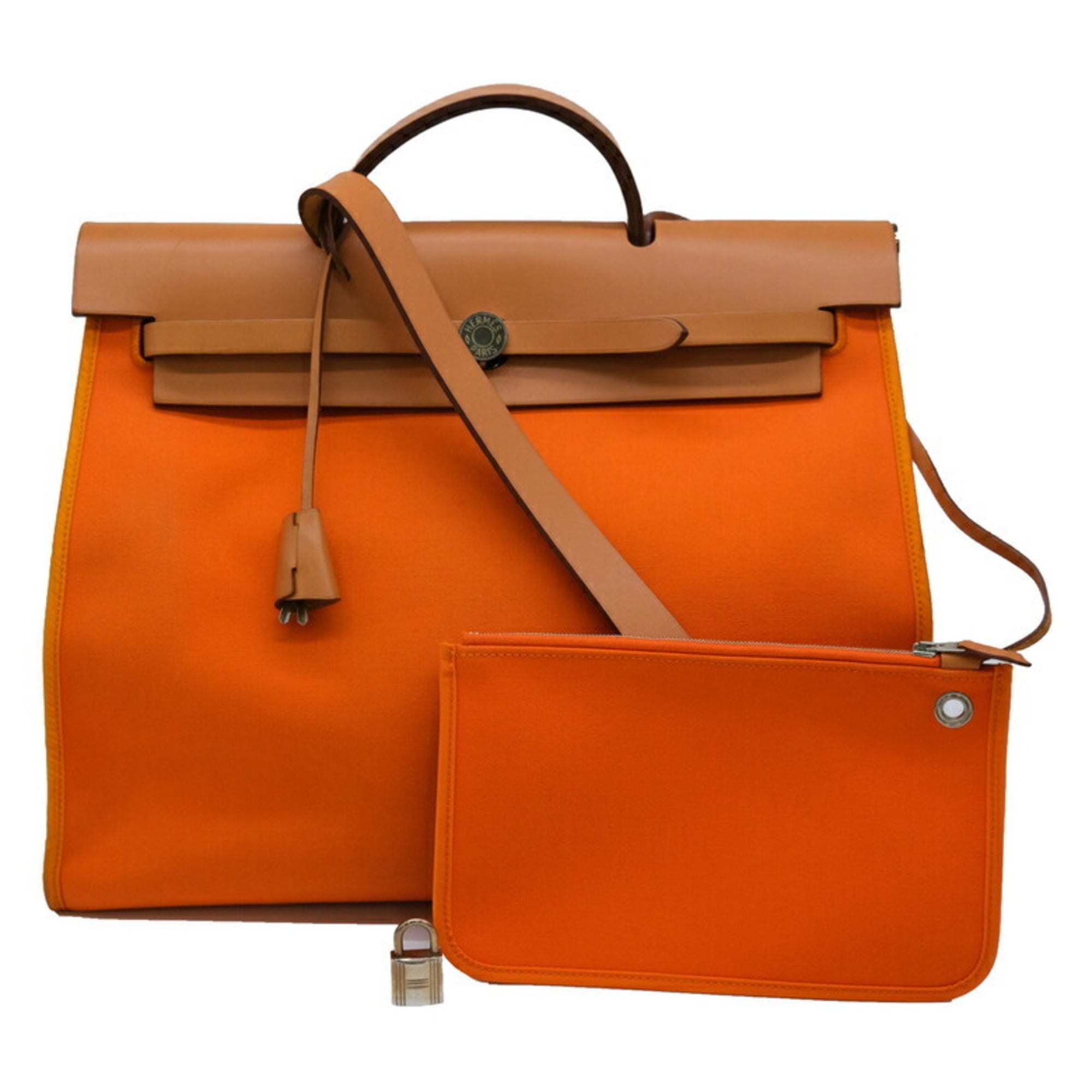 Pre-Owned HERMES Hermes Airbag Zip MM Shoulder Bag Handbag 2way Toile Officier Leather Orange ...
