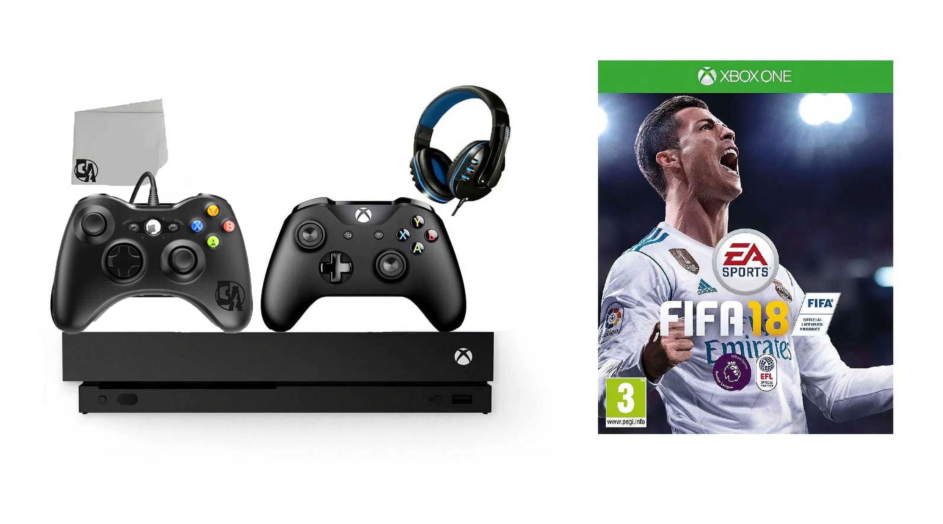 Pre Owned Microsoft Xbox One X 1TB Gaming Console Black with 2 Controller Included with FIFA 18 BOLT AXTION Bundle Refurbished Like New