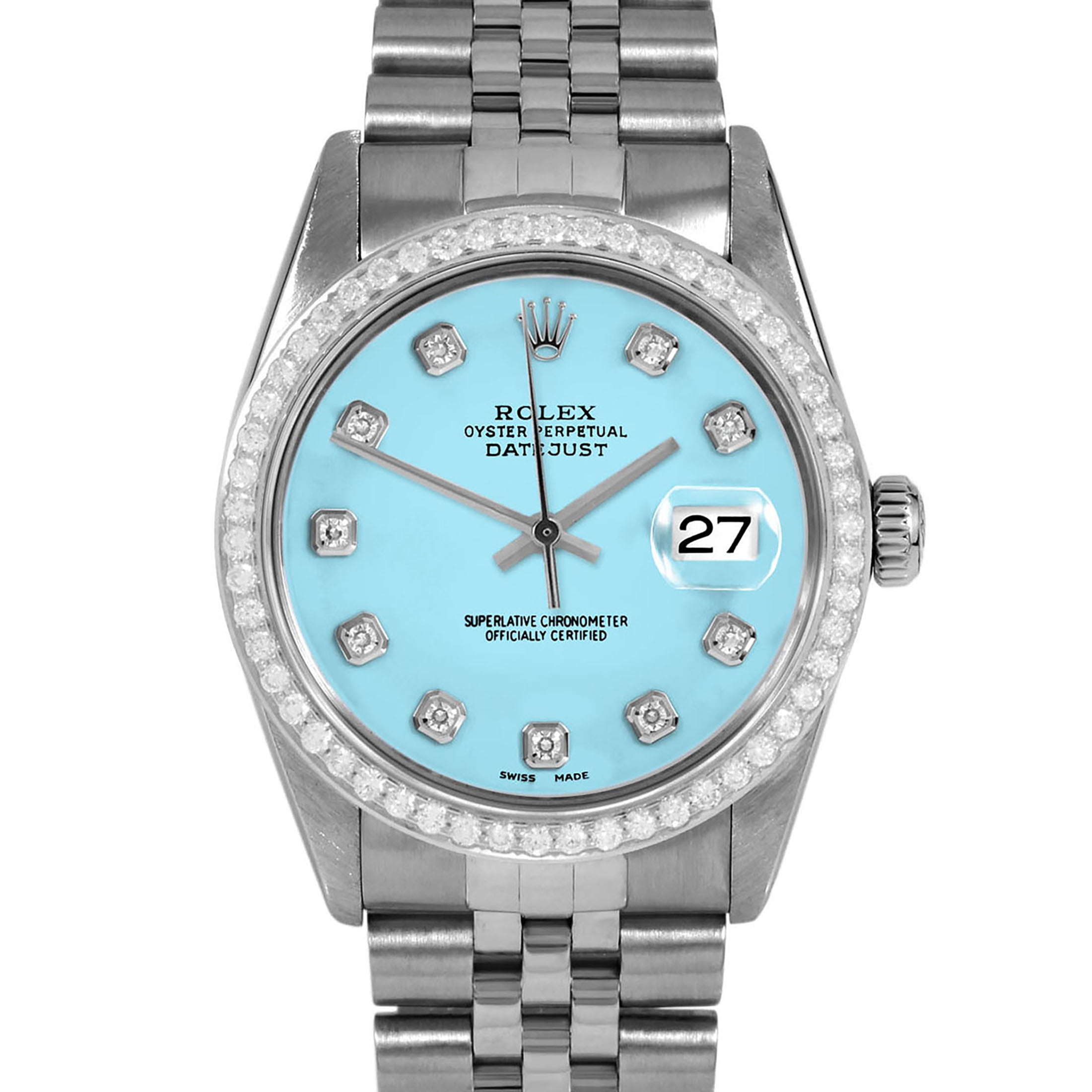 Pre-Owned Rolex 16014 Men's 36mm Datejust Wristwatch Turquoise Diamond ...