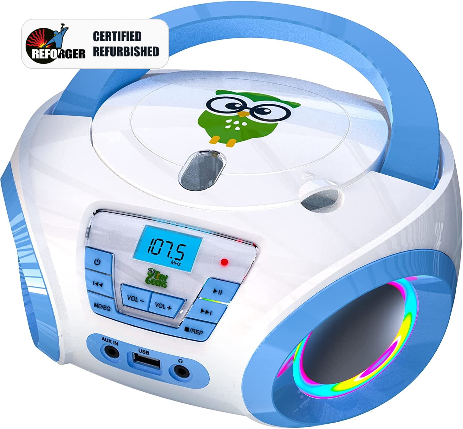TinyGeeks Tunes Kids Boombox CD Player, FM Radio, RGB Lights, Blue ...