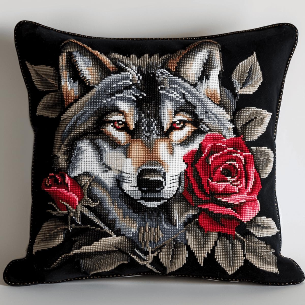 Pre-Printed Diy Embroidery Latch Hook Pillow Cover Kit,Wolf And Rose ...