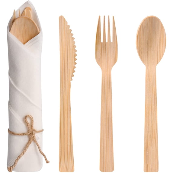 Pre Rolled Napkin and Bamboo Cutlery Set - 50Pack Bamboo Utensils ...