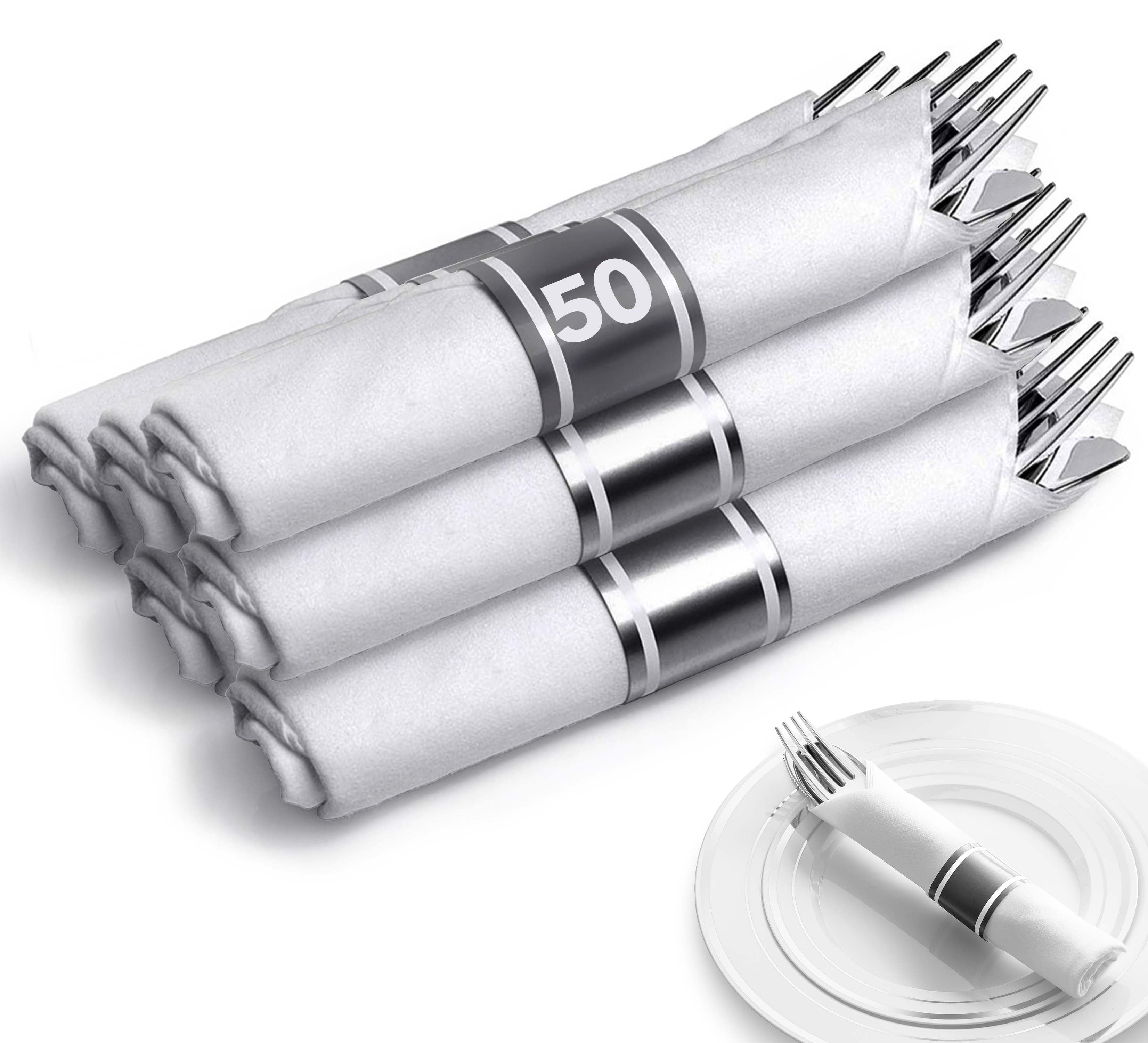 Pre Rolled Plastic Silverware Sets for Parties (50 Pack) Silver Cutlery ...