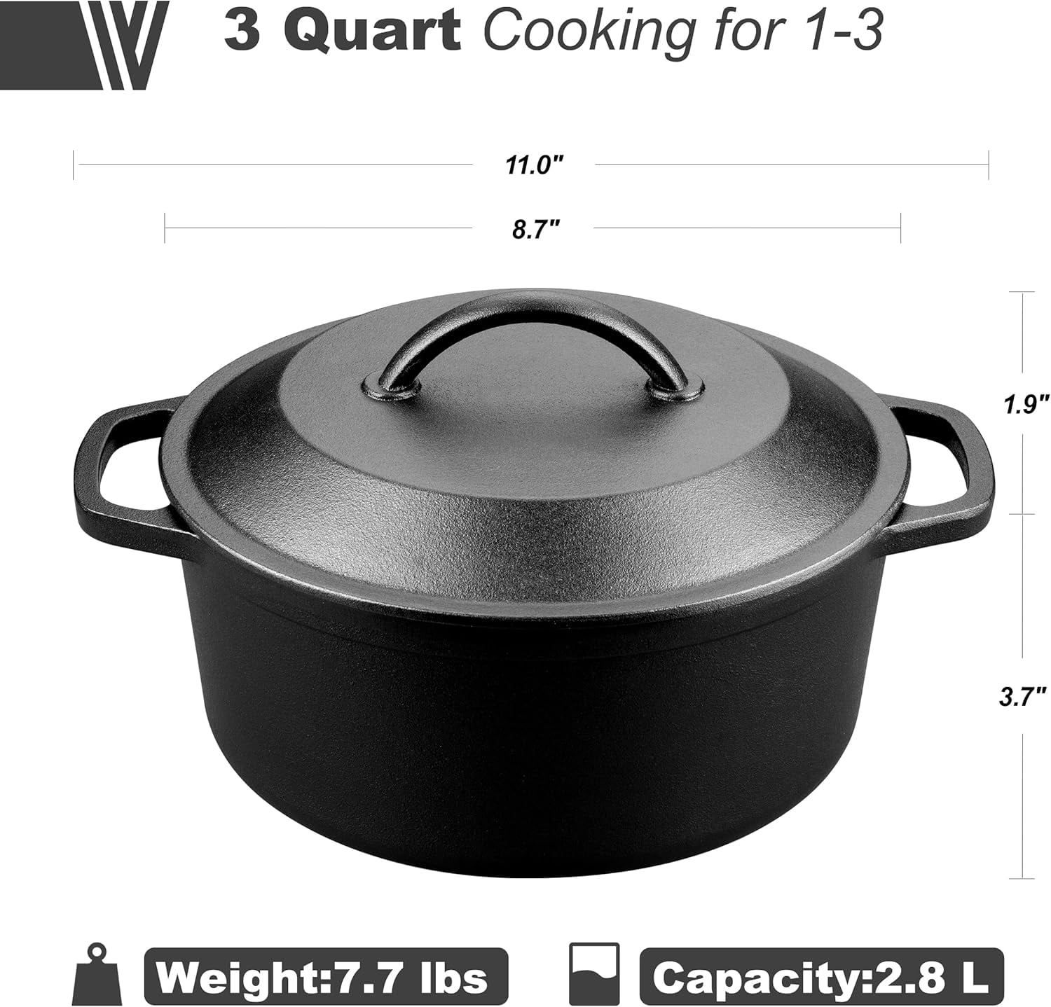 Cast Iron Dutch Oven 3 Quart, Pre-Seasoned Pot with Lid for Sourdough Bread Stews Soups ...