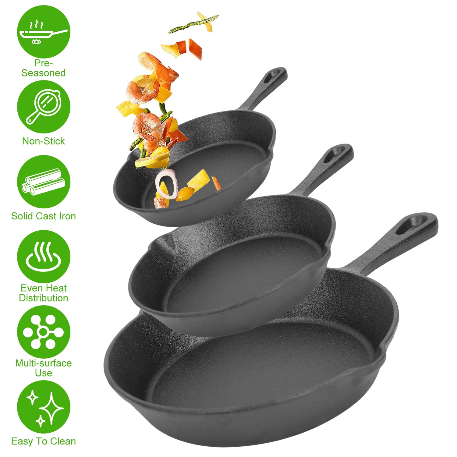 Imountek Pre-Seasoned Cast Iron Skillet Set of 3, Non-Stick Oven Safe ...
